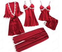 China European and American sexy five-piece pajamas female summer sleeves bride morning robe plus size home service nightgown for sale