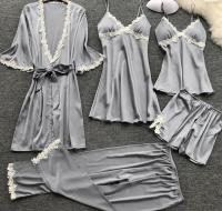 China European and American sexy five-piece pajamas female summer sleeves bride morning robe plus size home service nightgown for sale