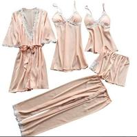 China European and American sexy five-piece pajamas female summer sleeves bride morning robe plus size home service nightgown for sale