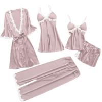 China European and American sexy five-piece pajamas female summer sleeves bride morning robe plus size home service nightgown for sale