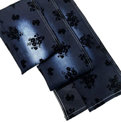 China Black Rose Flocked Denim Fabric Twill Style Stretch For Lady Jeans Or Jacket for sale