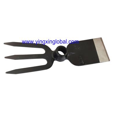 China Forged Digging Fork Hoe with Round Hole Eye Three Tines and Cutting Spade 600g 300mm for sale