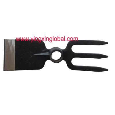 China Forged Garden Digging Fork Hoe with Round Hole Eye Three Tines Cutting Spade 600g 80x80x265mm for sale