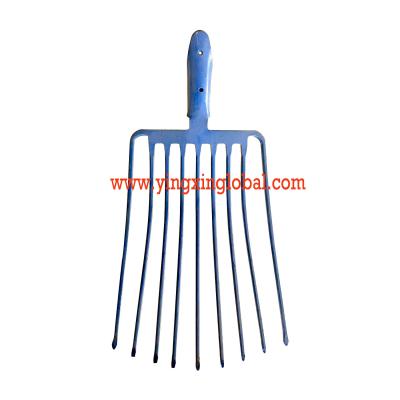 China 9 Tines Carbon Steel Forged Manure Fork 230x350x500mm 1650g Heavy Duty Pitchfork for Mining Railway for sale