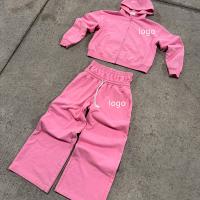 China Custom Logo Zip up Hoodie pink Double Waist Sweat Track Baggy Pant Acid Washed Hoodie Set Tracksuits for Men for sale
