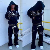 China OEM Manufacturer Custom Double Waisted Baggy Stacked Pants Sweat Suit Y2k Diamond Rhinestone Flare Sweatpants and Hoodie Sets for sale