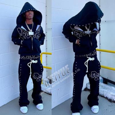 China OEM Manufacturer Custom Double Waisted Baggy Stacked Pants Sweat Suit Y2k Diamond Rhinestone Flare Sweatpants and Hoodie Sets for sale