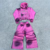 China OEM Manufacturer Custom Rhinestone Zip up Hoodie Three Zippers Acid Washed Tracksuits Dirty Sweatpants and Hoodie Sets for sale