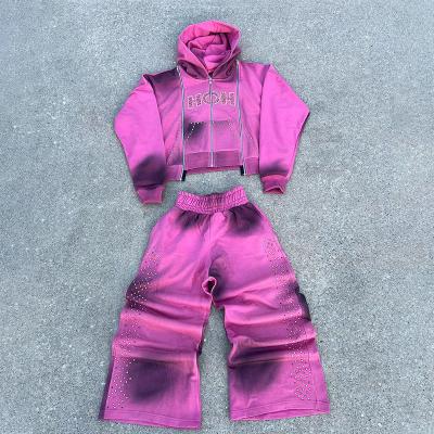 China OEM Manufacturer Custom Rhinestone Zip up Hoodie Three Zippers Acid Washed Tracksuits Dirty Sweatpants and Hoodie Sets for sale