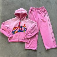 China Custom Pink Diamond Hoodie Set Rhinestone Acid Wash Vintage Embroidered Hoodies Sweat Pant Sweat Suits Hoodie And Sweatpants Set for sale