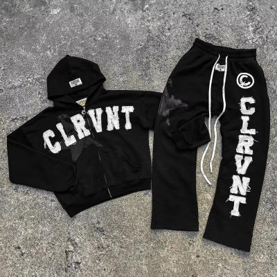 China Autumn Mens Streetwear Sweatsuits Two Piece Track Set Applique Distressing Embroidery for sale