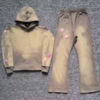 China Sweat Suit Supplier Wholesale Men Oversized Brown Sweatsuit Puff Printing Hoodie Custom Logo Heavy Weight Tech Fleece Tracksuit for sale