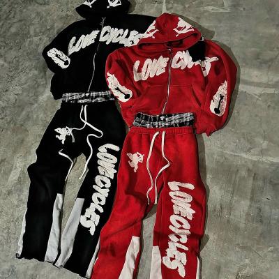 China Custom Sweatsuit Two Piece Tracksuit Applique Distressed Embroidery Tracksuit Zip up Hoodie and Double Layer Sweatpants Sets Men for sale