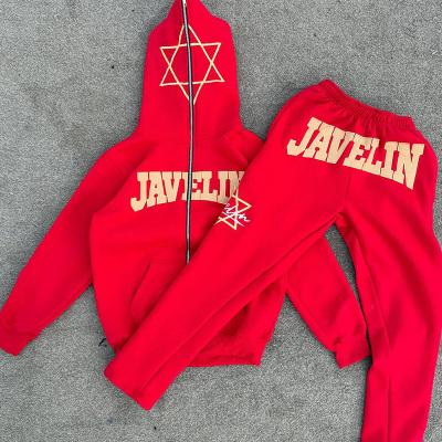 China Custom French Terry Streetwear Full Face Zip up Hoodie Binding Embroidery Patch Logo Drop Shoulder Red Hoodie and Sweatpants Set for sale