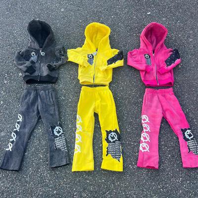 China Custom Manufacturers Vintage Heavyweight Acid Wash Tracksuits Zip up Cropped Hoodie Track Pant Hoodies and Sweatpants Set for sale