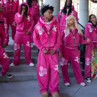 China Custom Logo Pink Zipper Hoodie Set Embroidery Patch Distressed Screen Printing Sweat Jogging Suits Tracksuit Unisex Streetwear for sale
