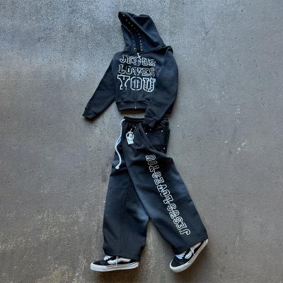 China Custom Tracksuits Distressed Zip up Rhinestone Acid Wash Hoodie Jogger Set Vintage Sweat Suit Unisex Streetwear Sweatpants Set for sale