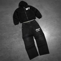 China Custom Tracksuit Denim Zipper Hoodie Heavyweight Acid Wash Vintage Track Suits Jean Sweatpants and Jacket Set for Men for sale