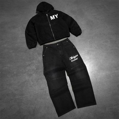 China Custom Tracksuit Denim Zipper Hoodie Heavyweight Acid Wash Vintage Track Suits Jean Sweatpants and Jacket Set for Men for sale