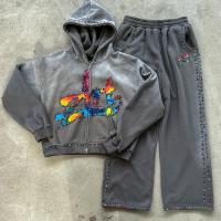 China Custom Diamond Hoodie Set Rhinestone Acid Washed Vintage Embroidered Hoodies Sweat Pant Heavyweight Hoodie And Sweatpants Set for sale
