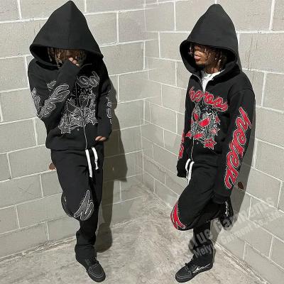 China Custom Print Vintage Zipper Rhinestone Hoodies Sweatsuits Unisex Sets Flared Sweat Pants Zip up Hoodie Set Tracksuits for Men for sale