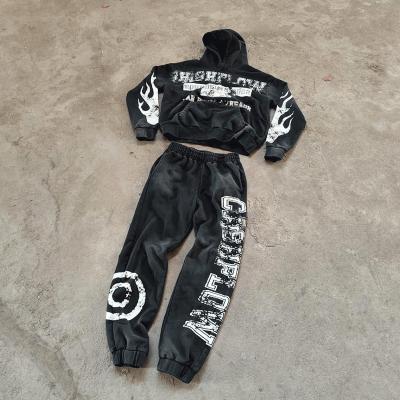 China Custom Logo Cropped Hoodies Applique Embroidered Patches Jogging Sweatsuits  Acid Wash Tracksuits Jogger Sweatpants Men Set for sale