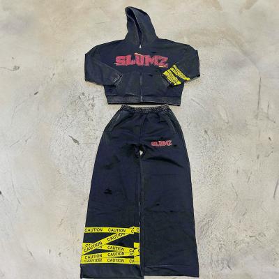 China Acid Washed Sweatsuit Custom Zip up Vintage Screen Print Cropped Hoodies Tracksuit Baggy Flared Sweat Pant and Hoodie Set Men for sale