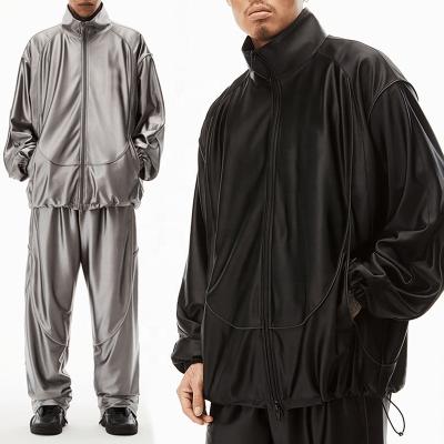 China Custom Logo Heavyweght Streetwear Vintage Blank Faux Turtlenecks Leather Set Zip up Jacket Coat Sweatpants Two Piece Sets Men for sale