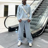 China Clothing Manufacturers Custom Denim Sweatsuits Distressed Design Jacket and Straight Baggy Loose Jean Mens Sweatpants Tracksuit for sale