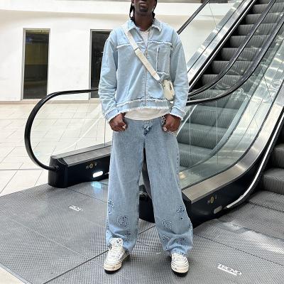 China Clothing Manufacturers Custom Denim Sweatsuits Distressed Design Jacket and Straight Baggy Loose Jean Mens Sweatpants Tracksuit for sale
