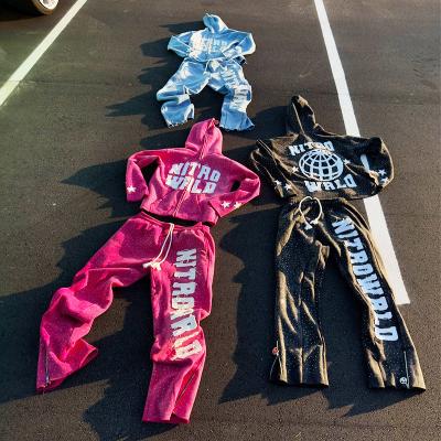 China Clothing Manufacturers Custom High Street Rhinestone Distress Embroidered Patch Zipper Hoodies and Sweat Pants Track Suits Set for sale