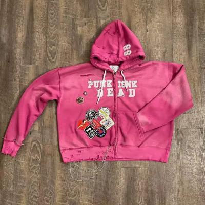 China Embroidered Patches Logo Acid Wash Hoodie Sun Faded Vintage Zipper Hoodie for sale
