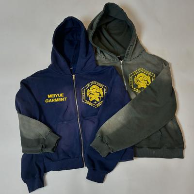 China Screen Printed Logo Acid Wash Zip Hoodie Sun Fade Distressed Black Hoodie 420 Grams for sale