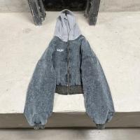 China Custom Printing Acid Wash Grey Hoodie Applique Stitching Denim Cropped Stone Washed Hoodie for sale