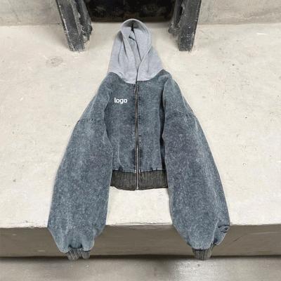 China Custom Printing Acid Wash Grey Hoodie Applique Stitching Denim Cropped Stone Washed Hoodie for sale