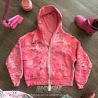 China Blank Pink Acid Wash Hoodie Distressed Ripped Zip Up Streetwear Vintage Sun Faded Hoodie for sale