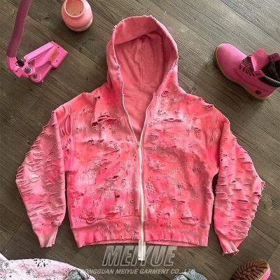 China Blank Pink Acid Wash Hoodie Distressed Ripped Zip Up Streetwear Vintage Sun Faded Hoodie for sale