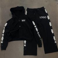 China Custom Acid Wash Sweatsuit Embroidery Patchwork Cotton Hoodie Jogging Suits Flared Sweatpants and Hoodie Set Tracksuits for Men for sale