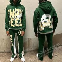 China Custom Streetwear Cropped Hoodie Men Vintage No String Pullover Cut and Sew Hoodies Flared Sweatpants and Hoodie Set for sale
