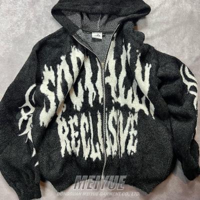China Custom Knit Mohair Logo Vintage Distressed Hoodies Warm Heavyweight Streetwear Zip Up Hoodie for sale