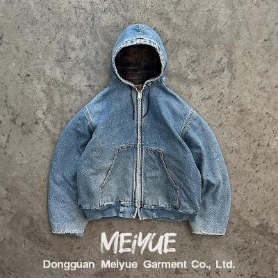 China Customizable Blank Zip Up Plain Hoodies Hooded Distressed Denim Jacket 500gsm for sale