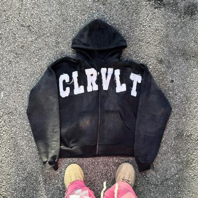China Custom Applique Embroidery Logo Distressed Unisex Hoodies Heavyweight Oversized Pullover Sun Faded Zip up Acid Wash Hoodie for sale