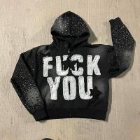 China Customizable Distressed Applique Embroidery Hoodie Rhinestone Zip Hoodie O Neck for sale