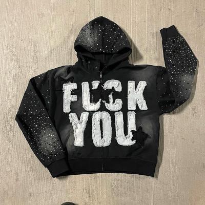 China Customizable Distressed Applique Embroidery Hoodie Rhinestone Zip Hoodie O Neck for sale