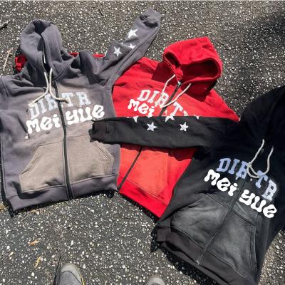 China Custom Distressed Hoodie Applique Embroidery Patch Hoodie Pullover Heavyweight French Terry Acid Wash Vintage Hoodies Men for sale