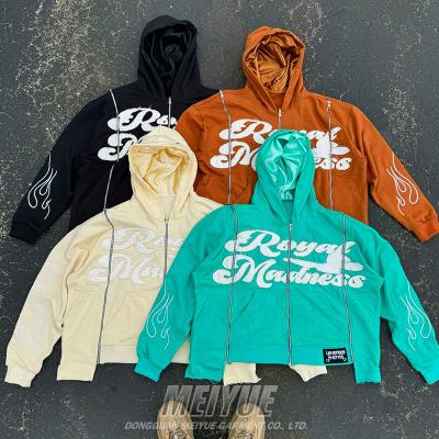 China Custom Made Satin Lined Distressed Zip Hoodie Men 3d Puff Print Double Layer Hoodie Jacket for sale