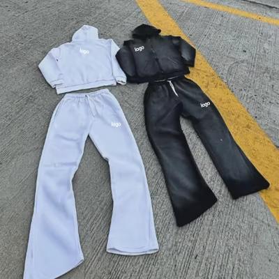 China Custom Faded Vintage Jogging Set Zip up Tracksuit Sweat Suit Hoodie and Straight Leg Flared Sweatpants Acid Wash Two Piece Set for sale