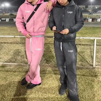 China Customized Logo Mens Acid Wash Tracksuit  Zip Up Retro Jogging Suits Loose Fit for sale