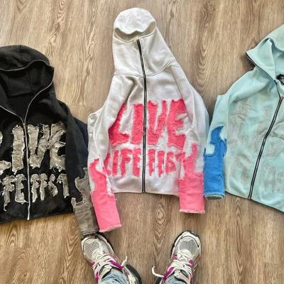 China Streetwear Distressed Applique Embroidery Hoodie Cut Edge Distressed Cropped Hoodie for sale