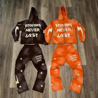 China Manufacturers Custom Sun Faded Embroidery Patch Acid Wash Vintage Zipper Cropped Cut and Sew Hoodies Sweatpants and Hoodie Set for sale